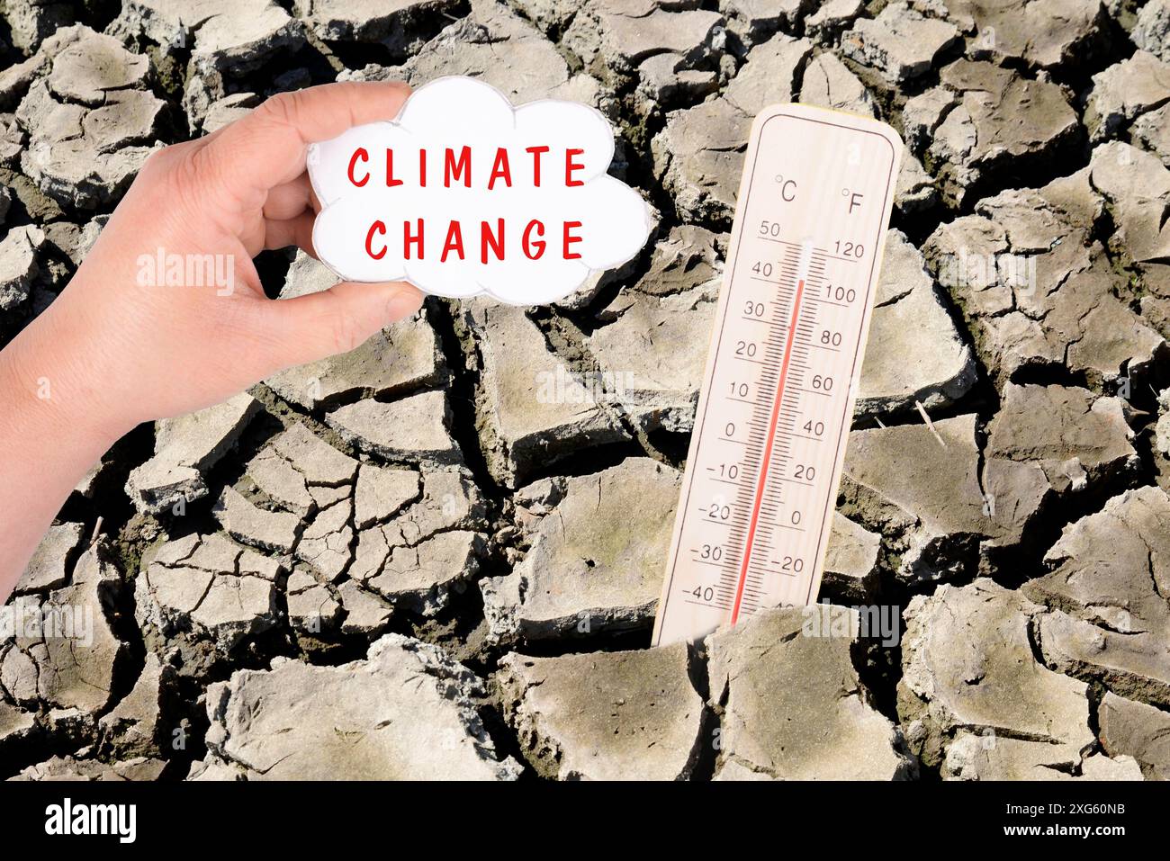 Dry earth with a thermometer, global warming and climate change concept ...