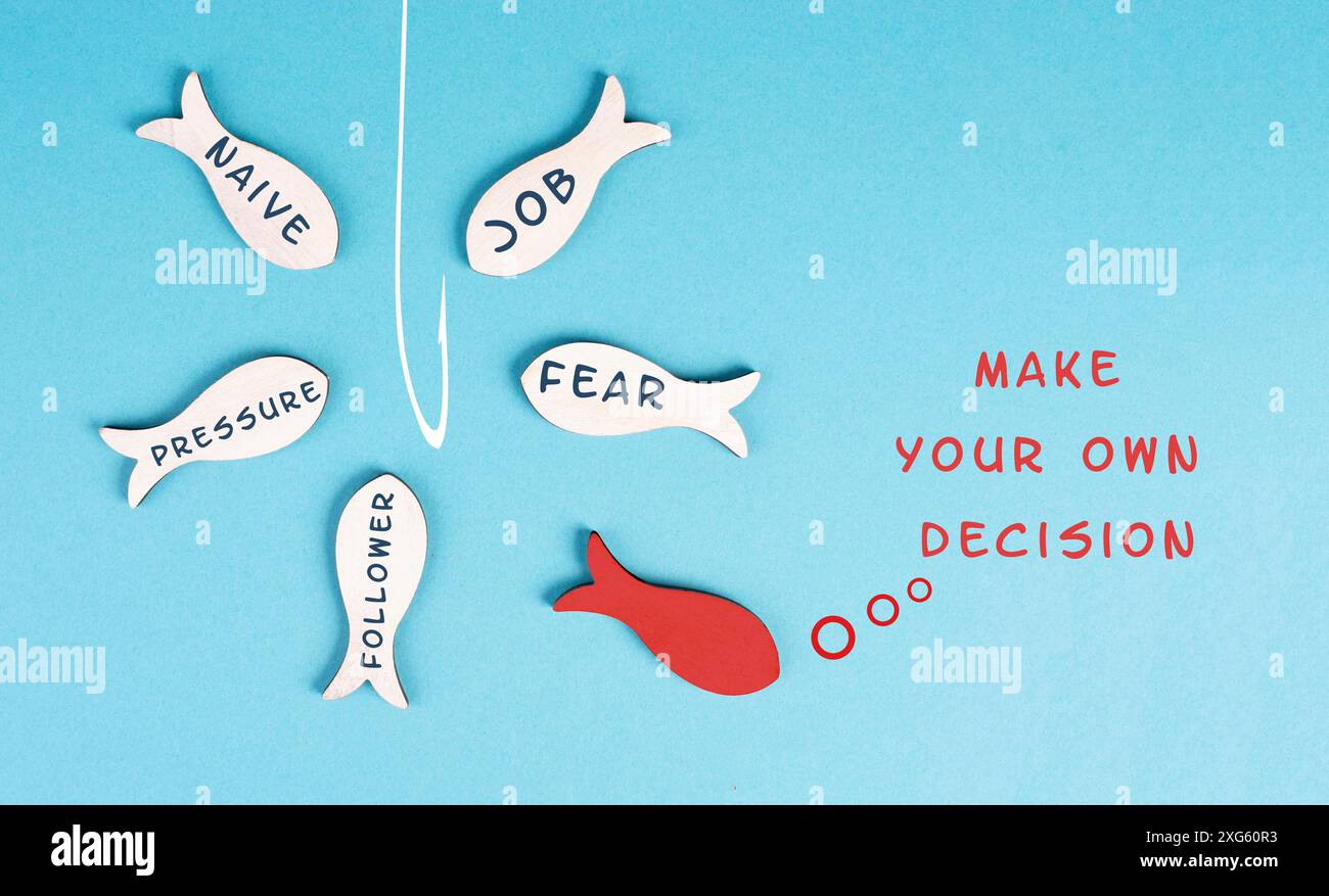 Group of fishes with words like fear, pressure, follower swimming to ...