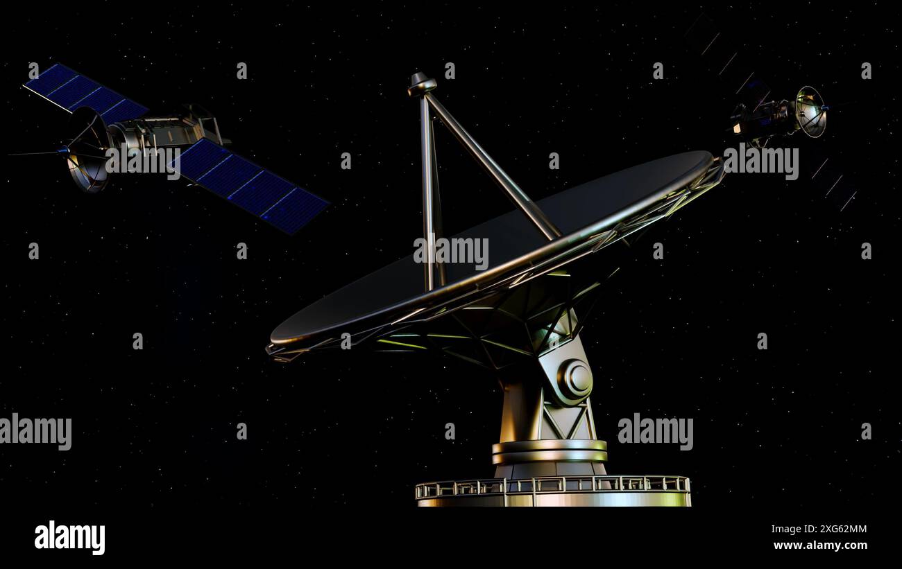 3d rendering of a satellite in orbit beams data down to a network of ...