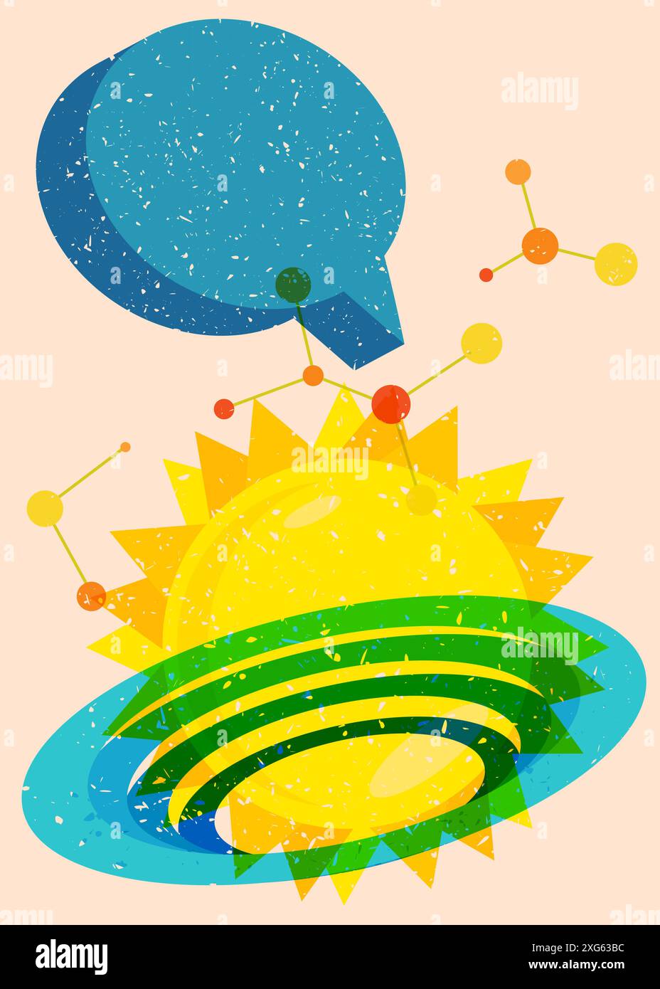 Risograph Summer Sun with speech bubble with geometric shapes. Objects ...