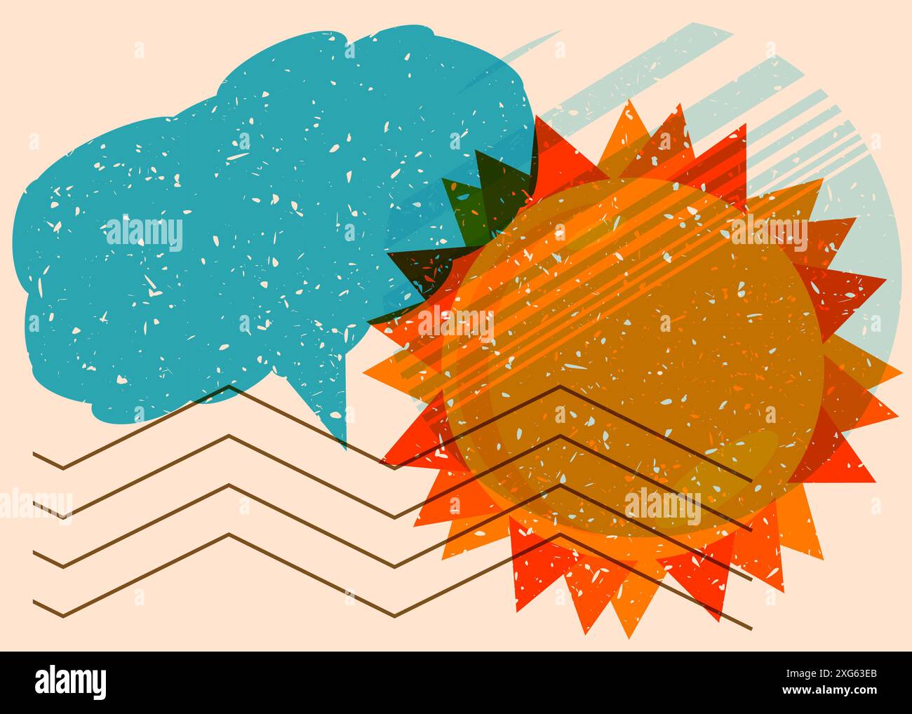 Risograph Summer Sun with speech bubble with geometric shapes. Objects ...