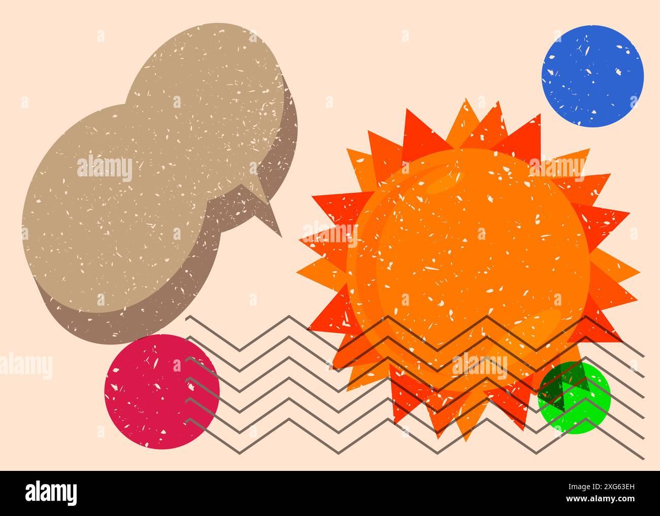 Risograph Summer Sun with speech bubble with geometric shapes. Objects ...