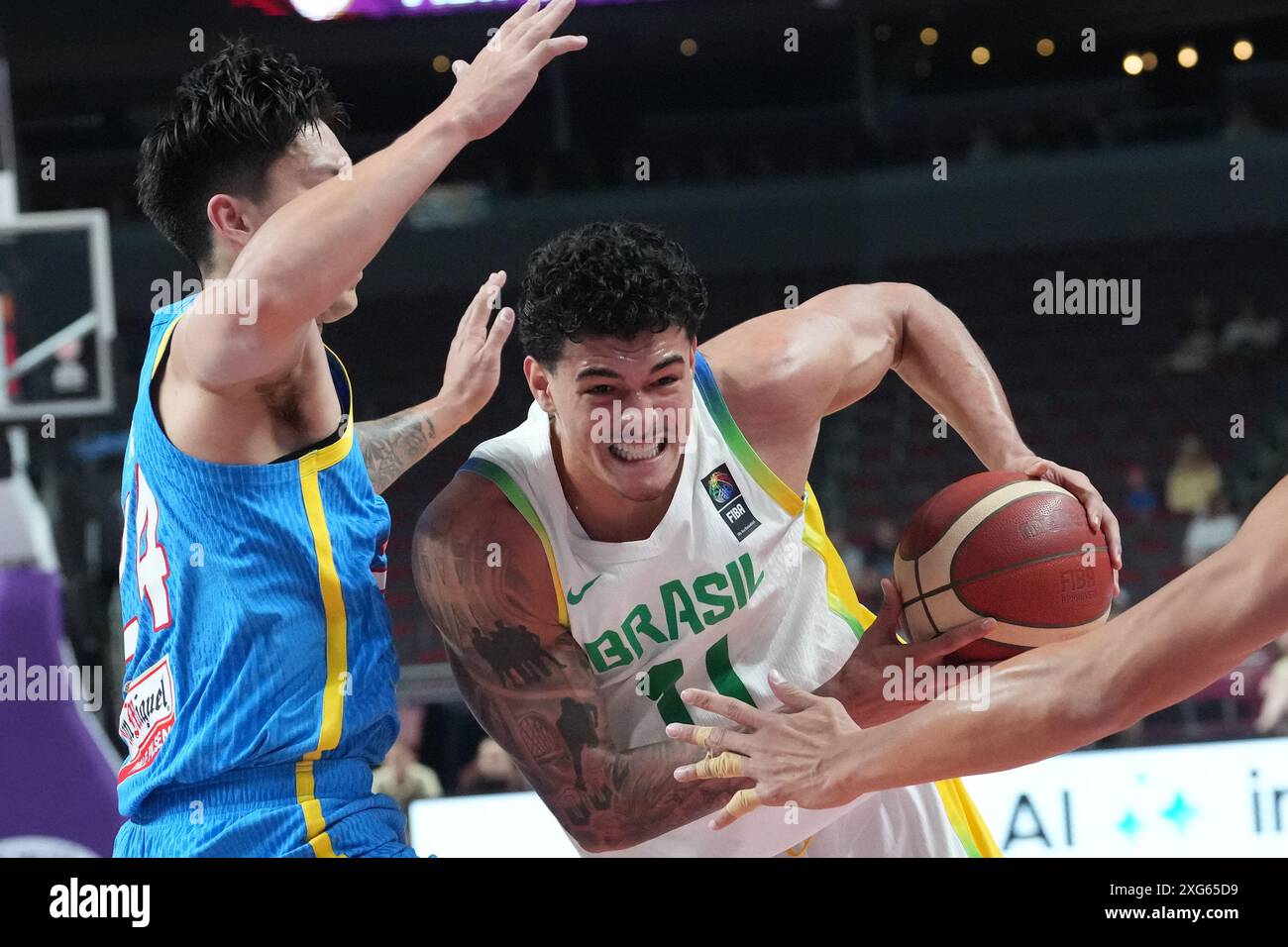 Riga, Latvia. 6th July, 2024. Guy Santos (R) of Brazil vies with Dwight ...
