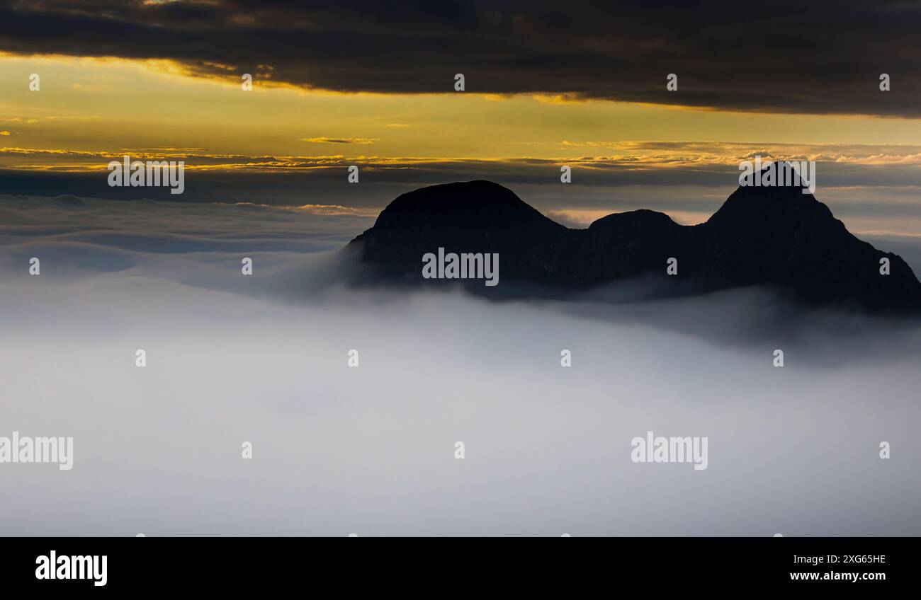 Pico Paraná and rising sun, Serra do Mar mountain, highest point in ...