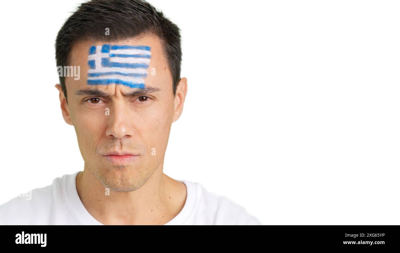 Serious man with a greek flag painted on the face Stock Photo - Alamy