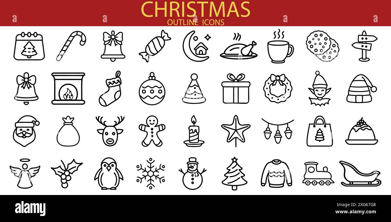 Set of 50 christmas or new year outline icons. Holiday symbol. Line ...