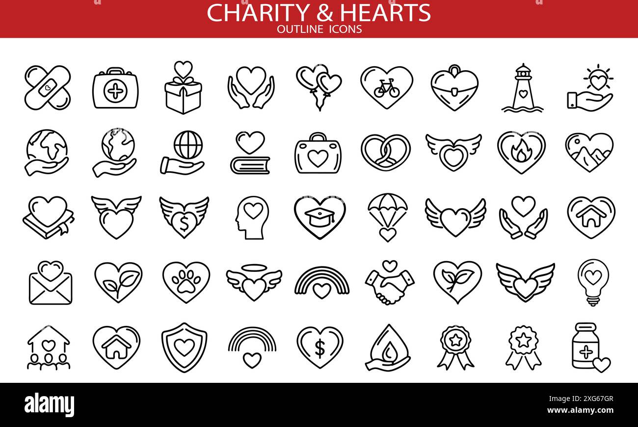 Charity icons set. Collection of hands, donations, hearts, unity and ...