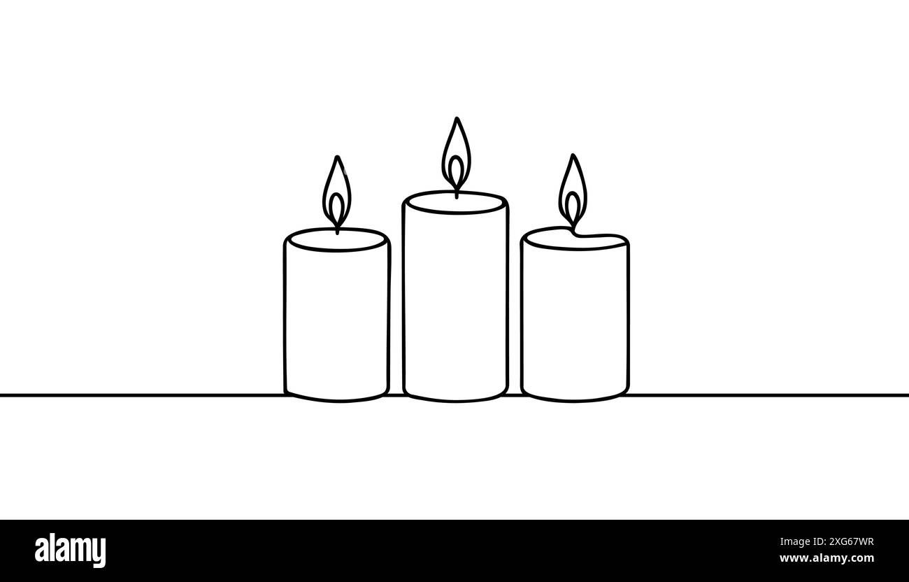 One line continuous three candle. Silhouette of burning memorial ...