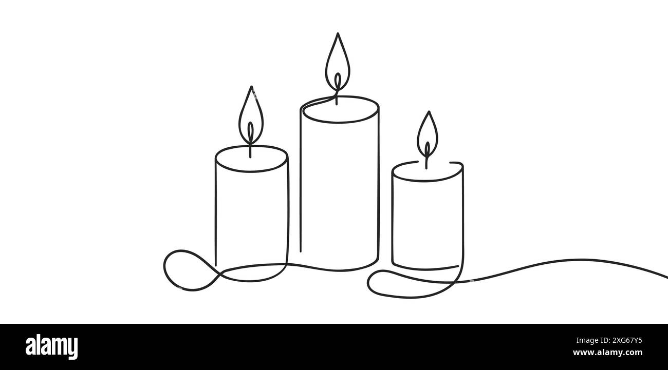 One line continuous three candle. Silhouette of burning memorial ...