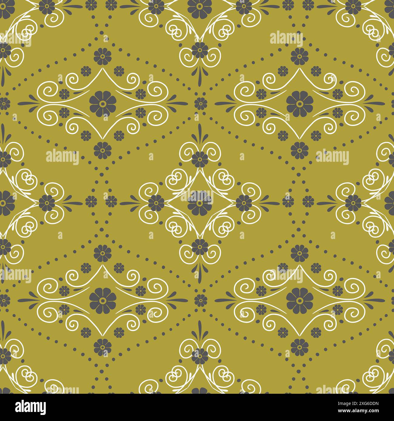 Seamless pattern with white floral ogee geometrical motifs on a gold ...
