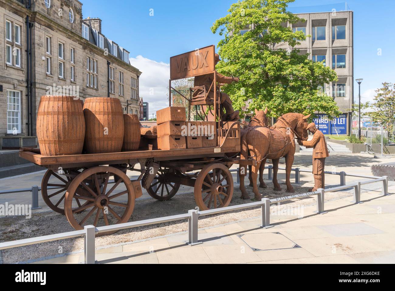 Steel sculpture "Gan Canny" of a Vaux brewers dray and horses by artist ...
