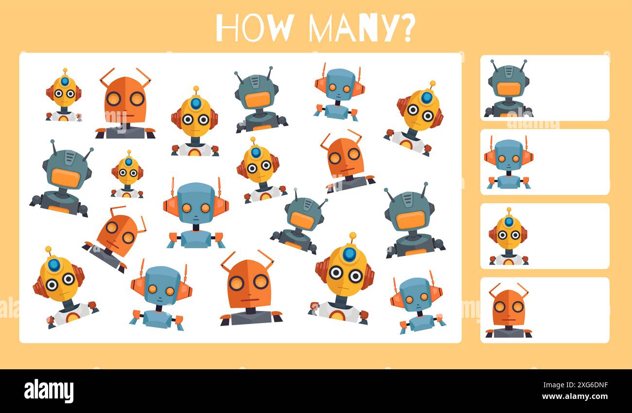 Educational game vector template. Count how many identical robots there ...