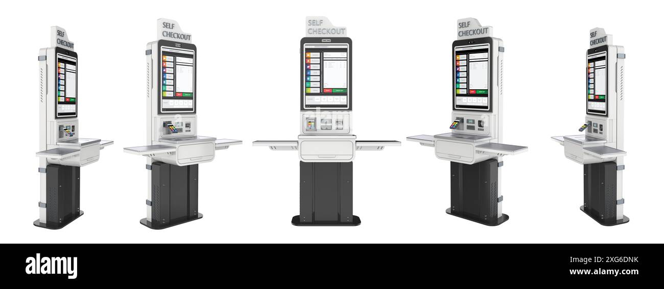 3d rendering collection of self-checkout kiosks or self-service payment machines isolated on ...