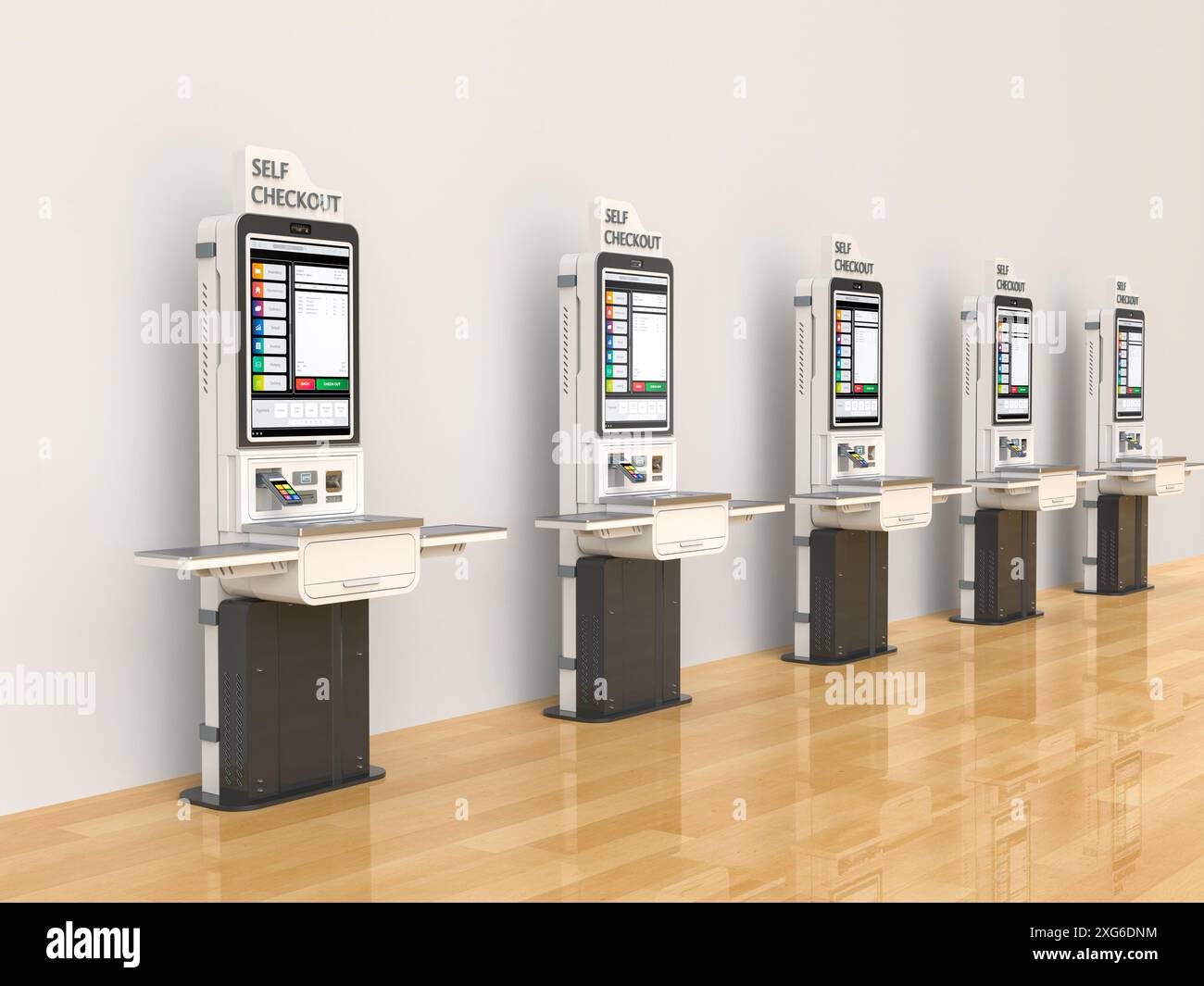 3d rendering self-checkout kiosks or self-service payment machines in a row Stock Photo - Alamy