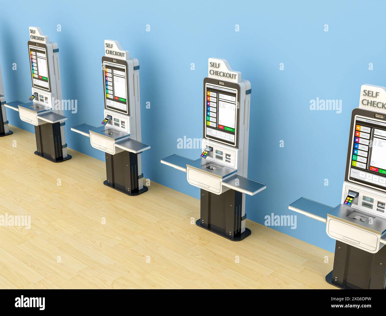 3d rendering self-checkout kiosks or self-service payment machines in a row Stock Photo - Alamy