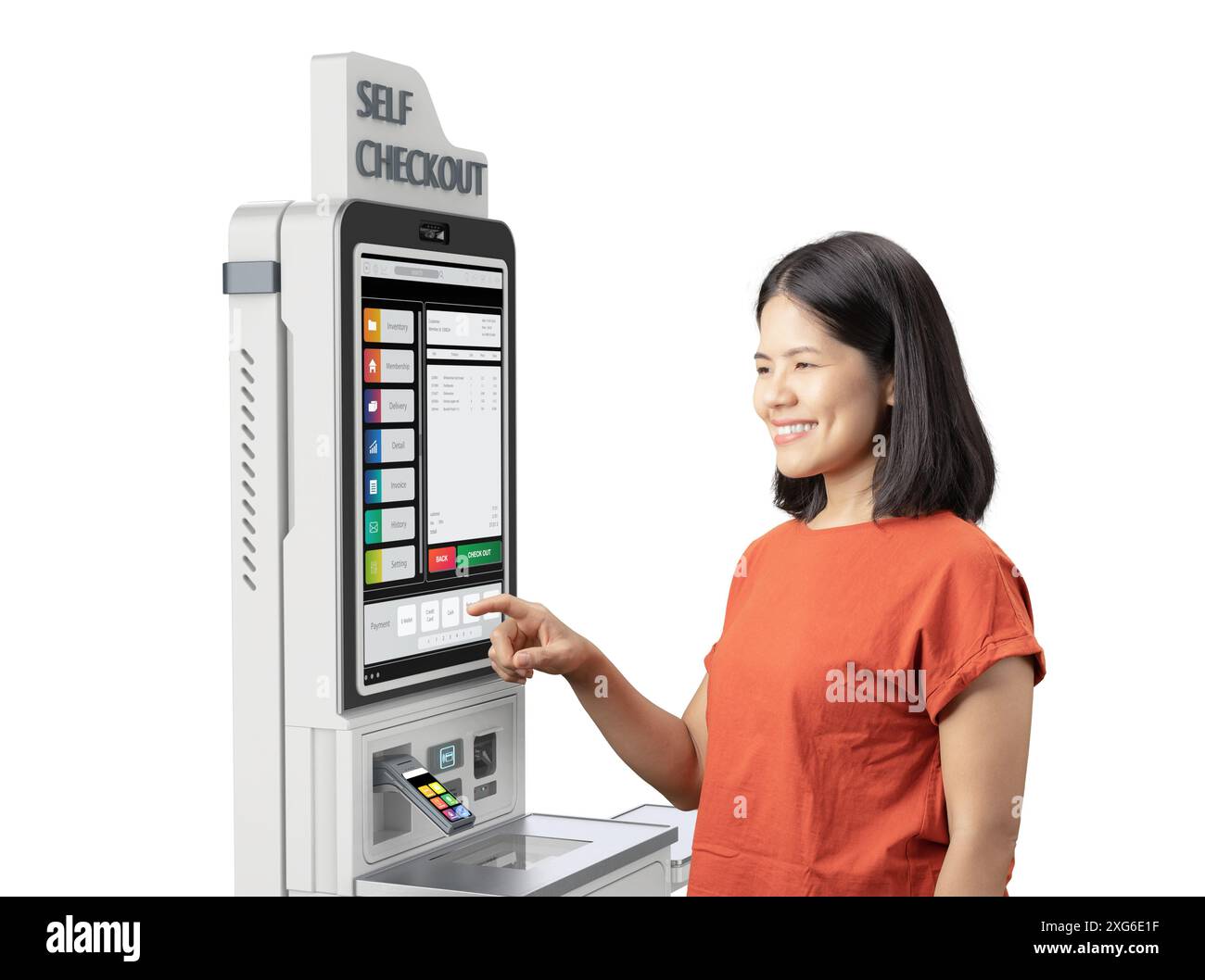 Customer use self-checkout kiosk or self-service payment machine in ...