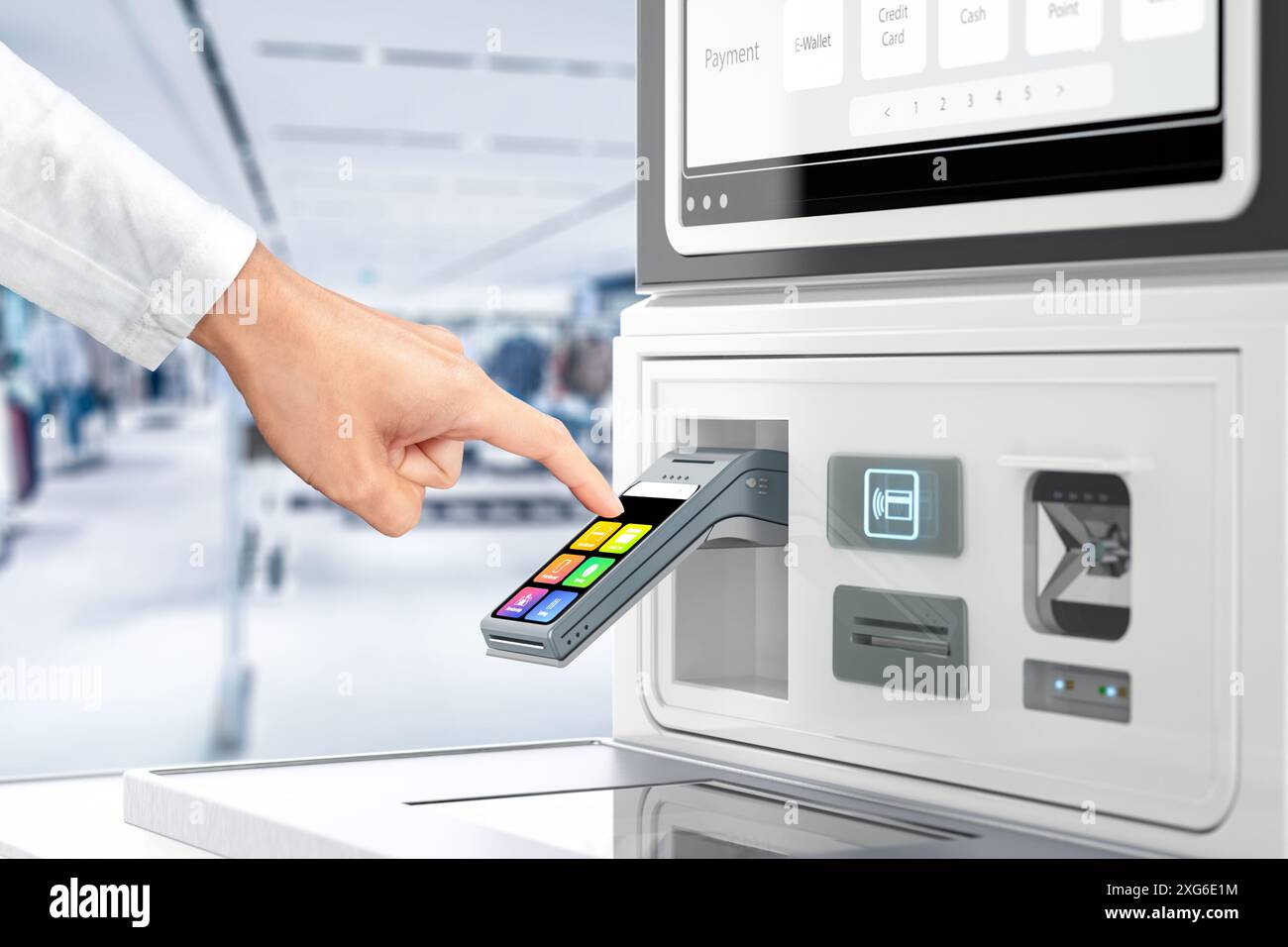 Customer use self-checkout kiosk or self-service payment machine in ...