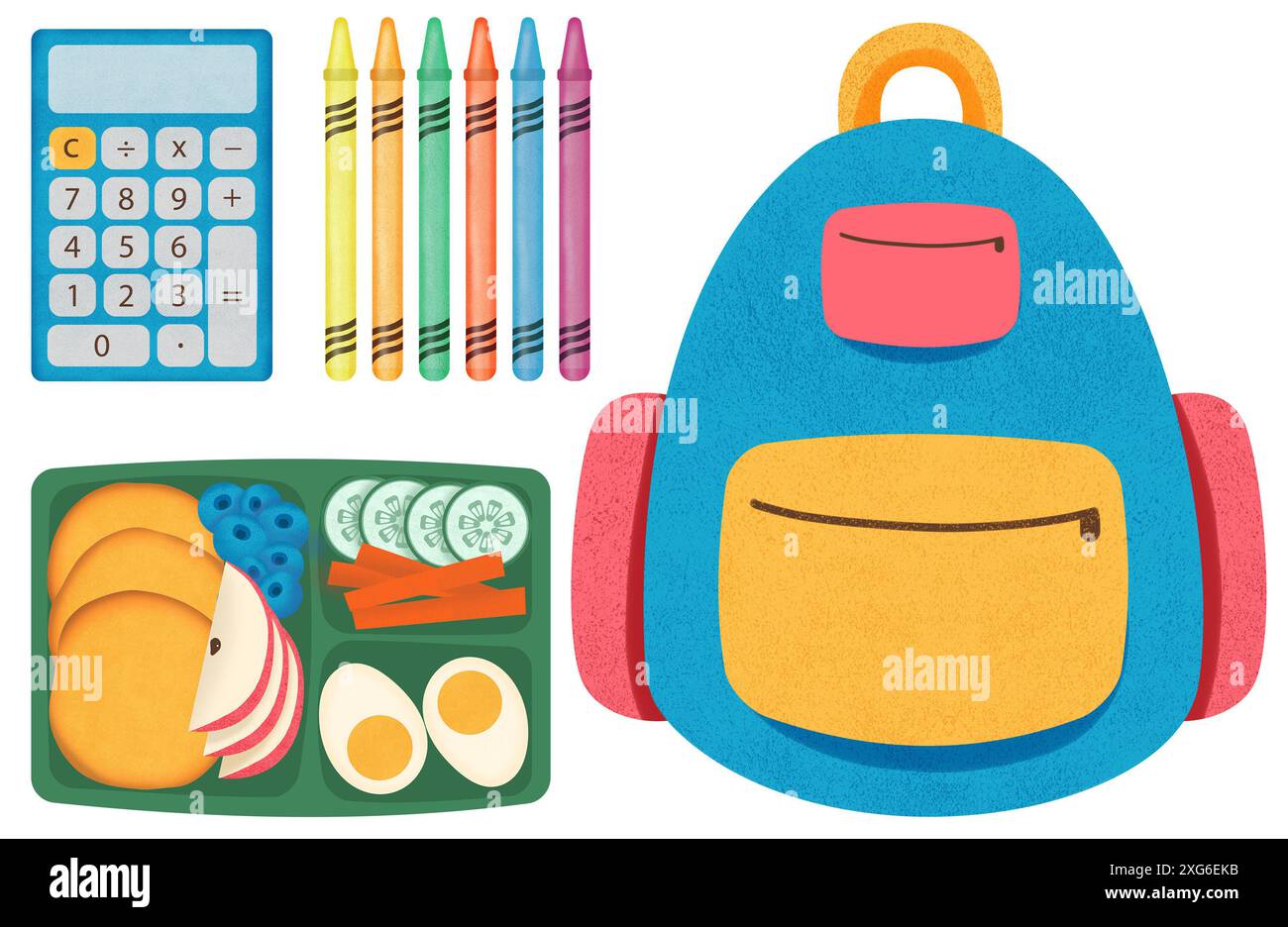 Back to school elements, school bag, lunch box, crayons, calculator ...