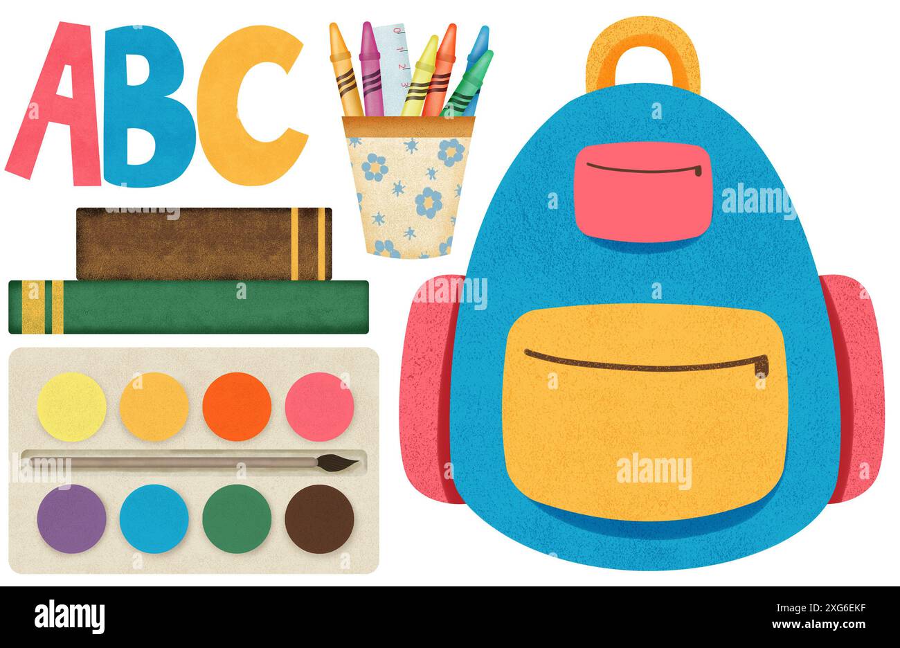 Back to school elements, school bag, crayons, books, paints, childrens ...