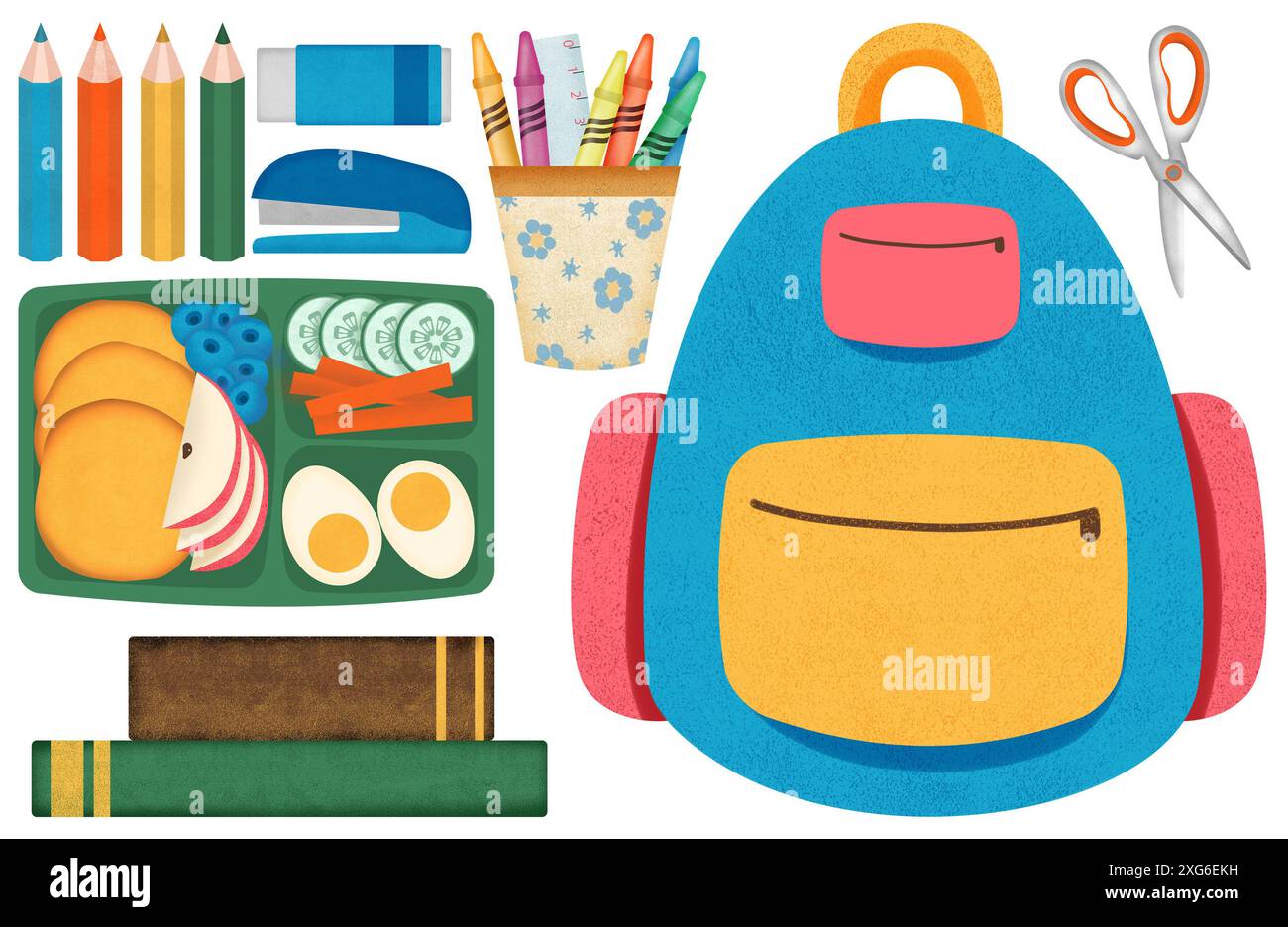 Back to school elements, lunch box, school bag, crayons, books, paints ...