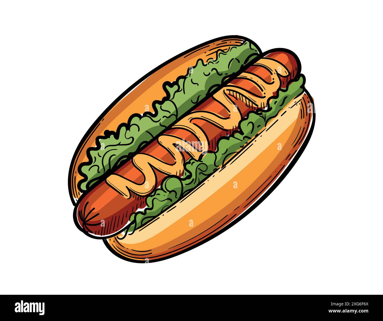 Hand drawn colored hot dog sketch with sausage and sauce vector ...