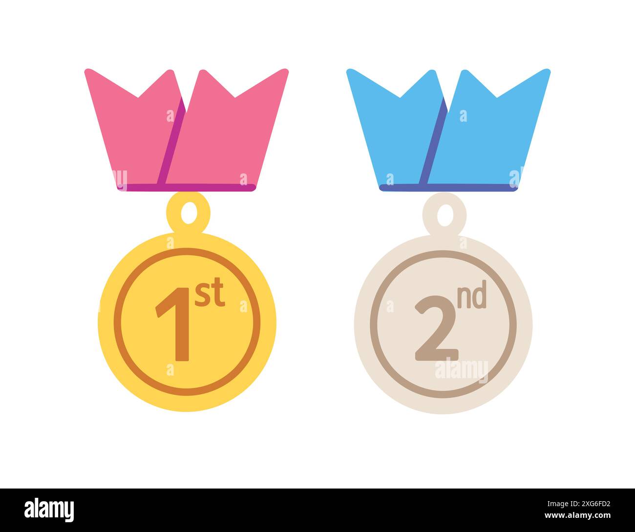 A gold and silver medal with the number 1 and 2. The medals hangs on a ...