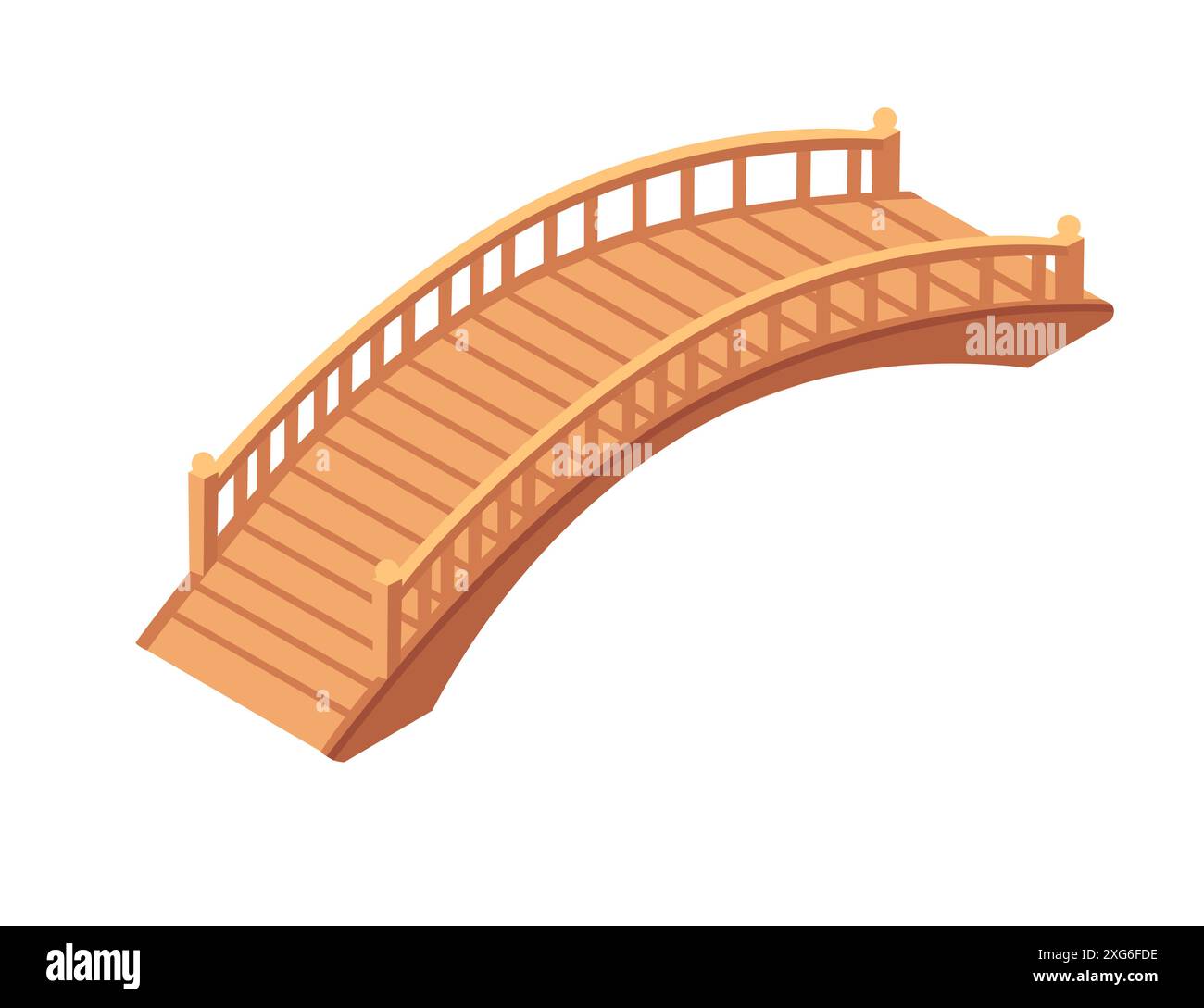 Arched wooden bridge with railings. Smooth, curved design bridge ...