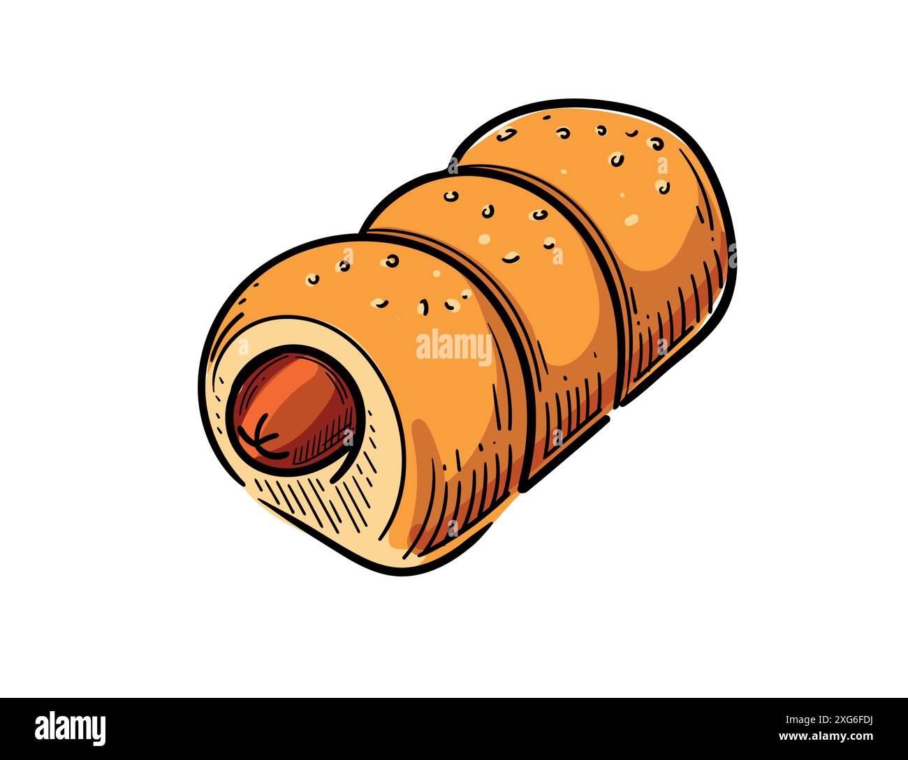 Sausage in dough roll bun colored hand drawn sketch vector illustration ...