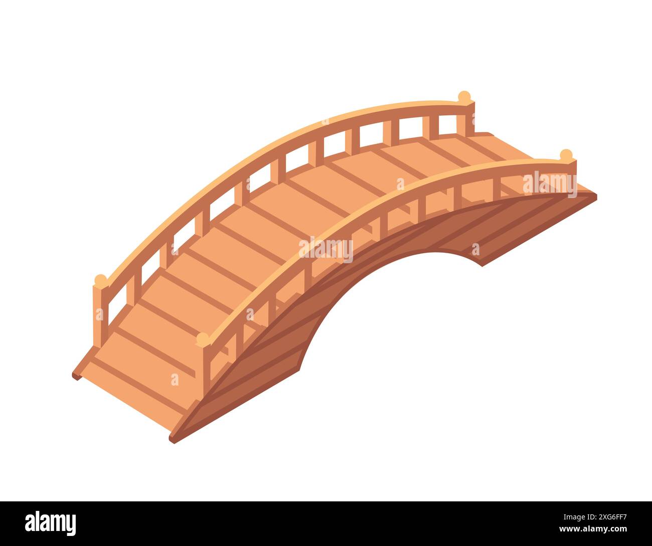 Arched wooden bridge with railings. Smooth, curved design bridge ...