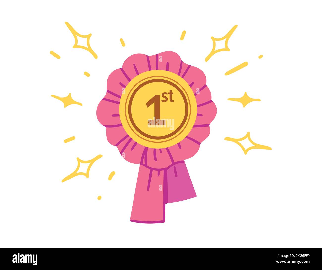 Pink ribbon with a golden medal 1st (first). Around the ribbon, there ...