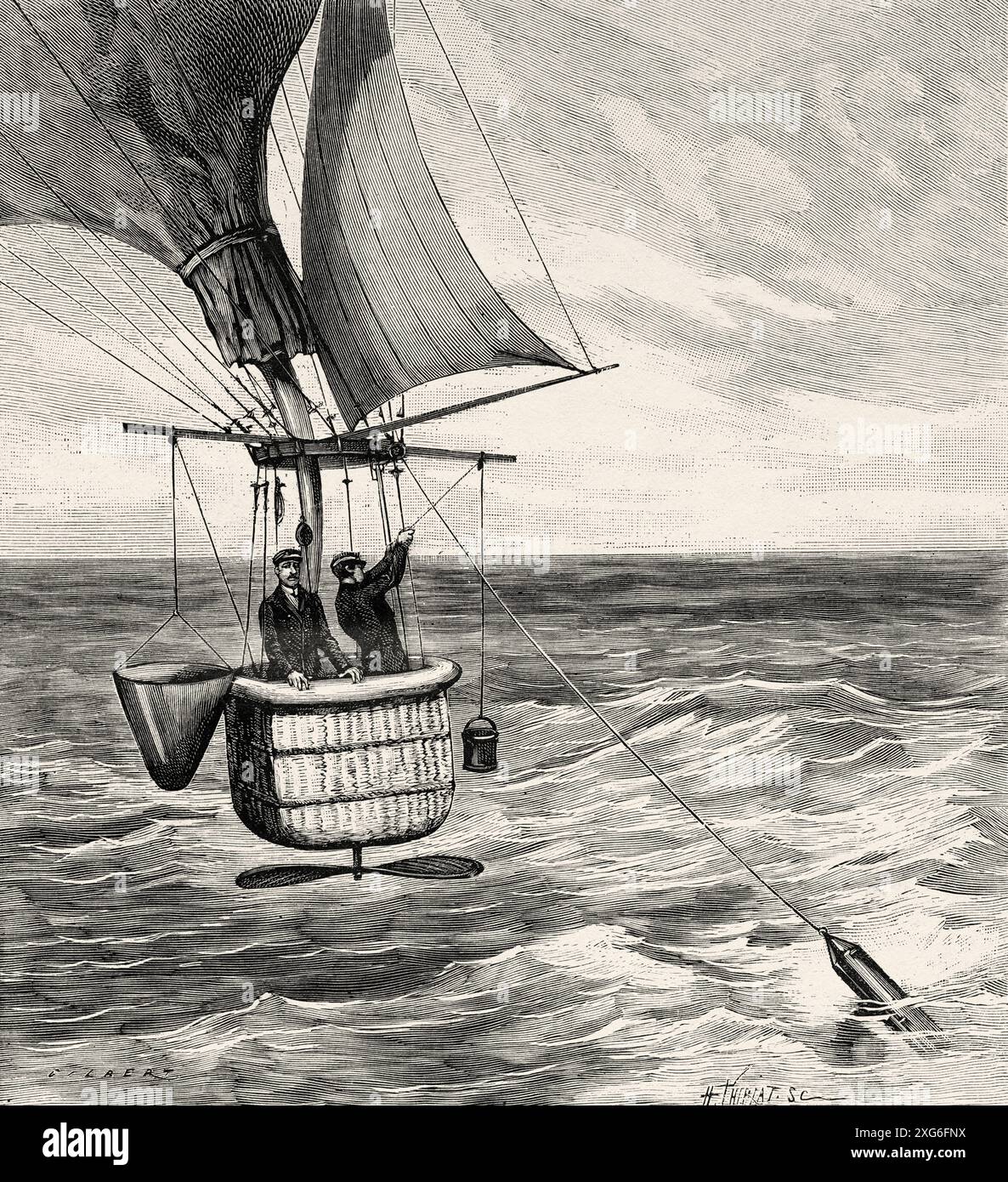 The aerostat Le Torpilleur and its float full of water, dragging at sea ...