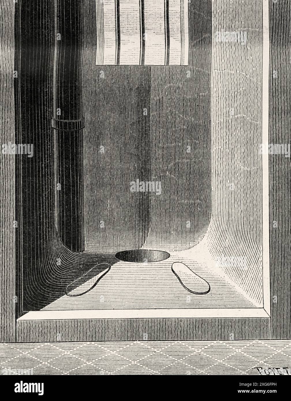 Sanitary public toilet with Turkish hole. Old 19th century engraved ...