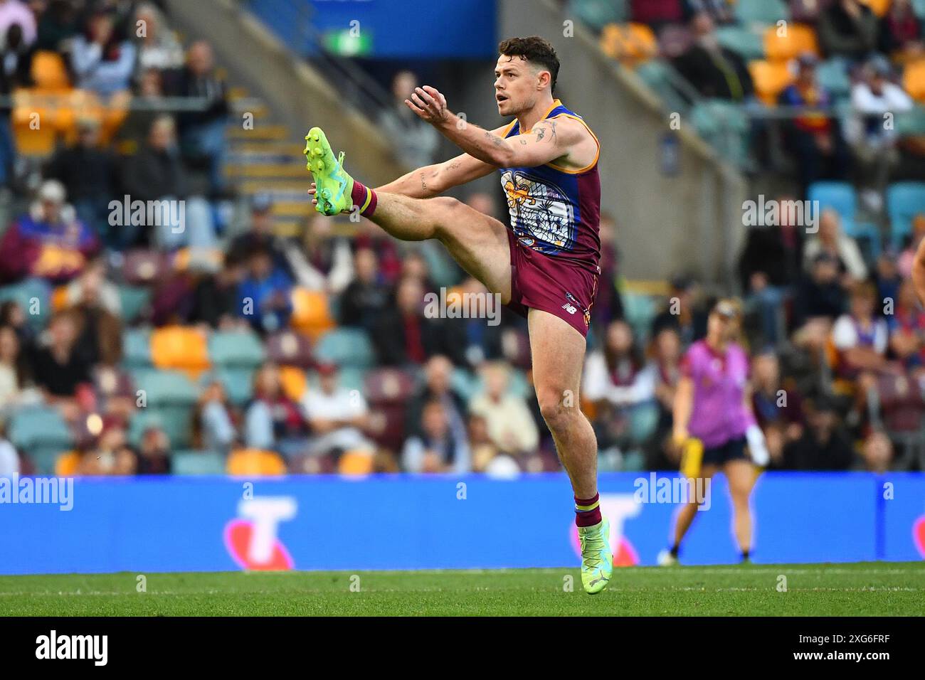 Brisbane, Australia. 07th July, 2024. Lachie Neale of the Lions kicks a ...