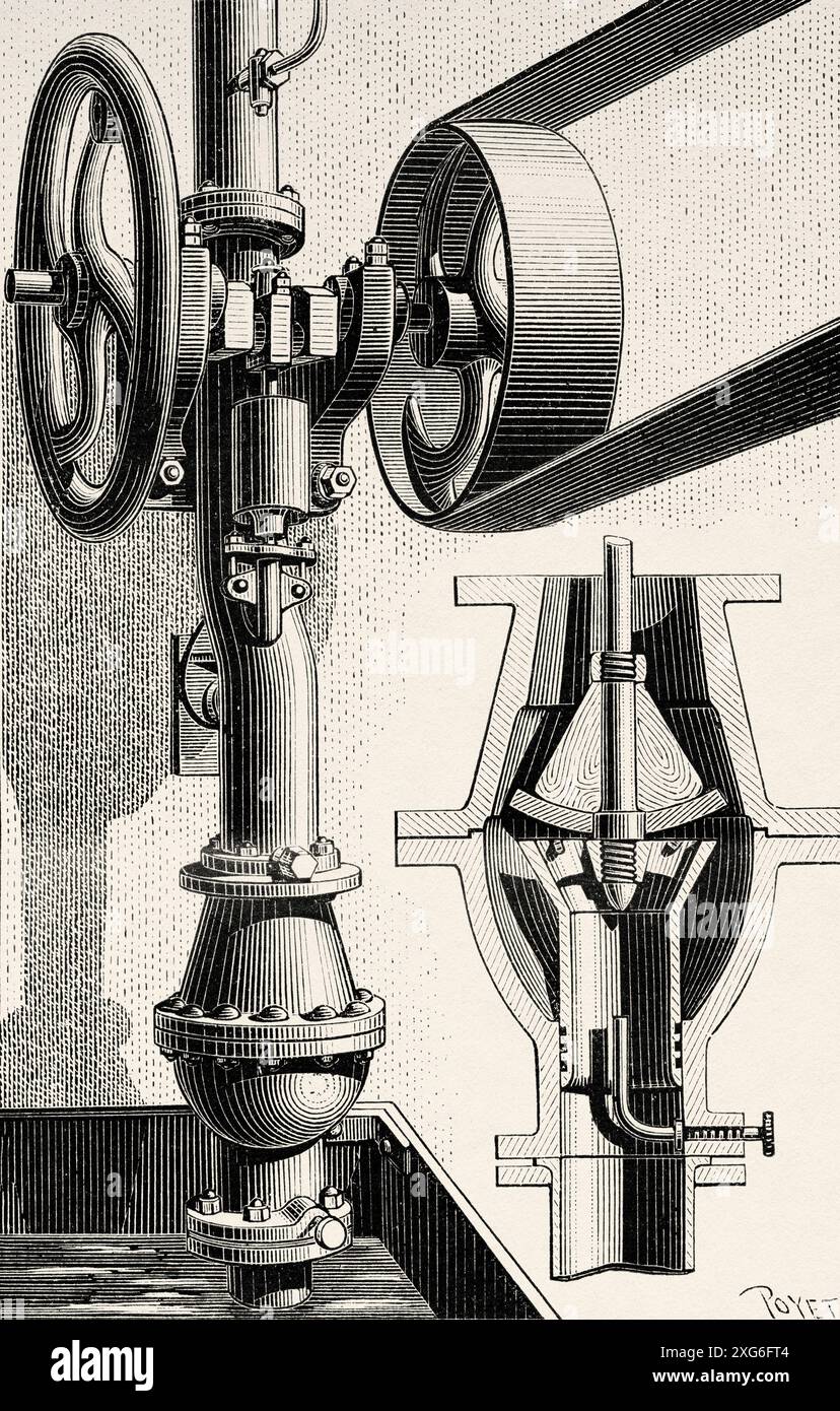 Single valve pump. Industrial device built by Captain Krebs. Old 19th ...