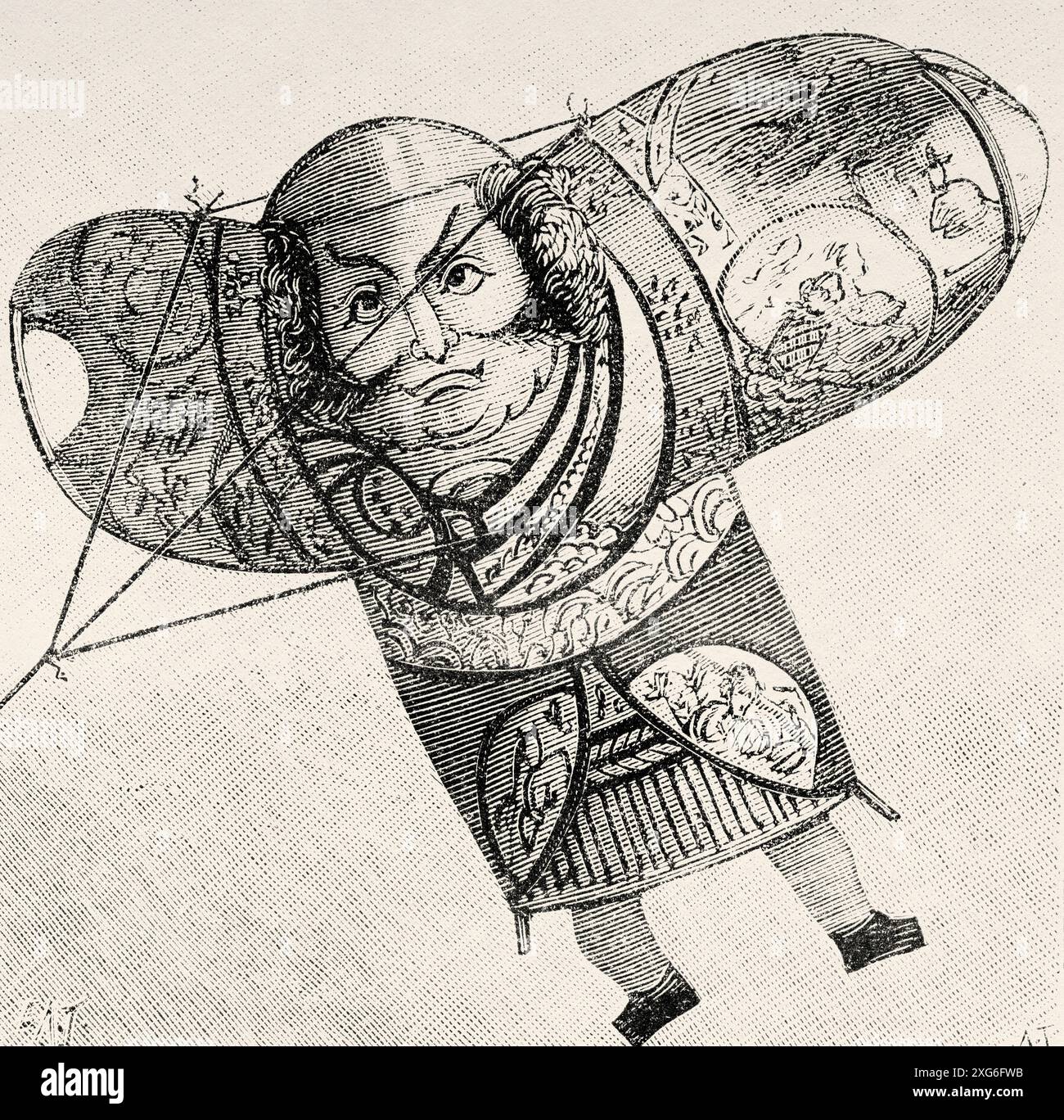 Japanese domed face kite. Old 19th century engraved illustration from ...