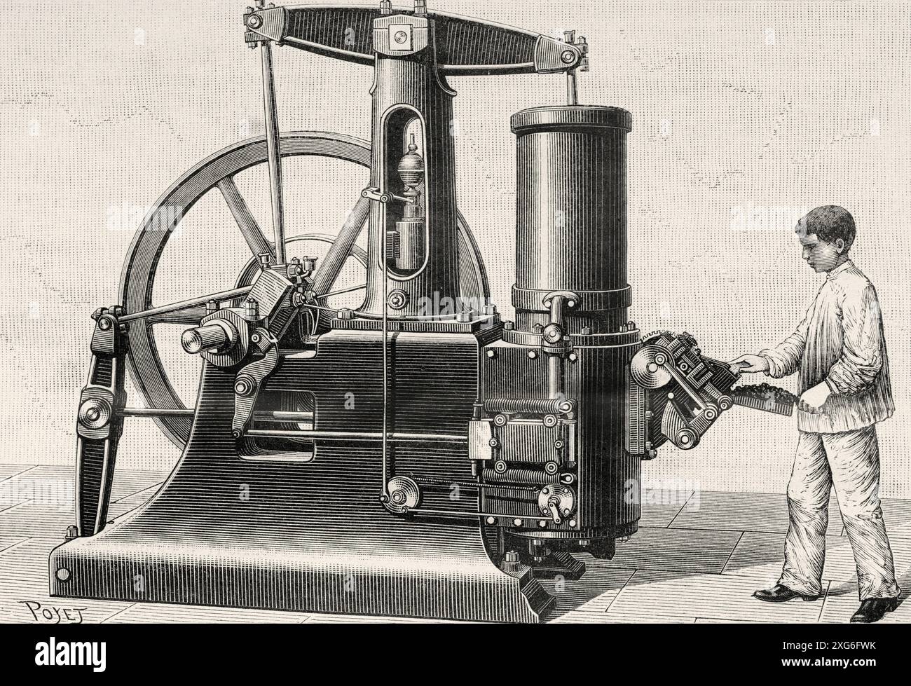Hot air and coke engine by Benier Freres. Old 19th century engraved ...