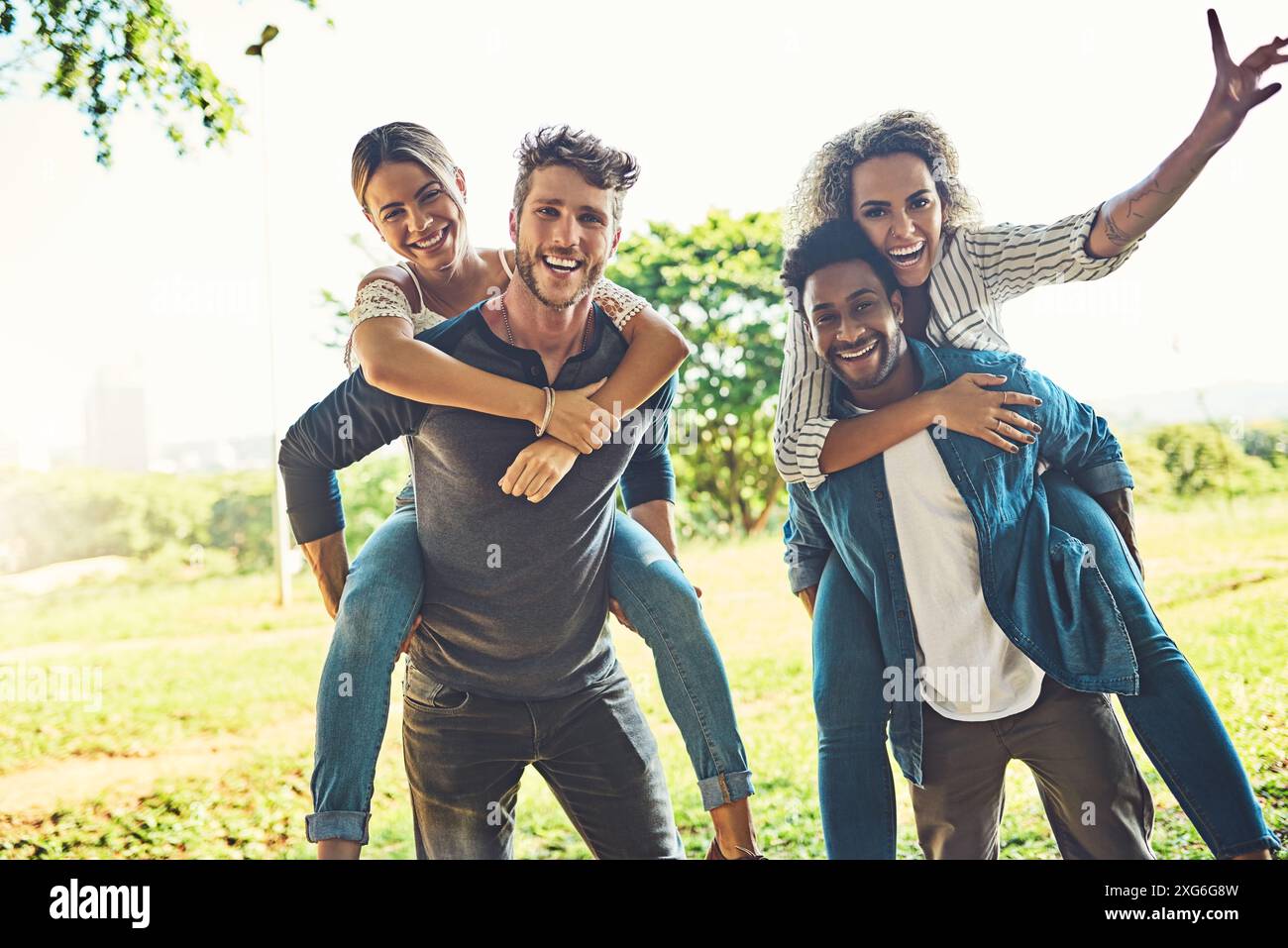 Piggyback, friends and group in park, smile and happy on vacation ...
