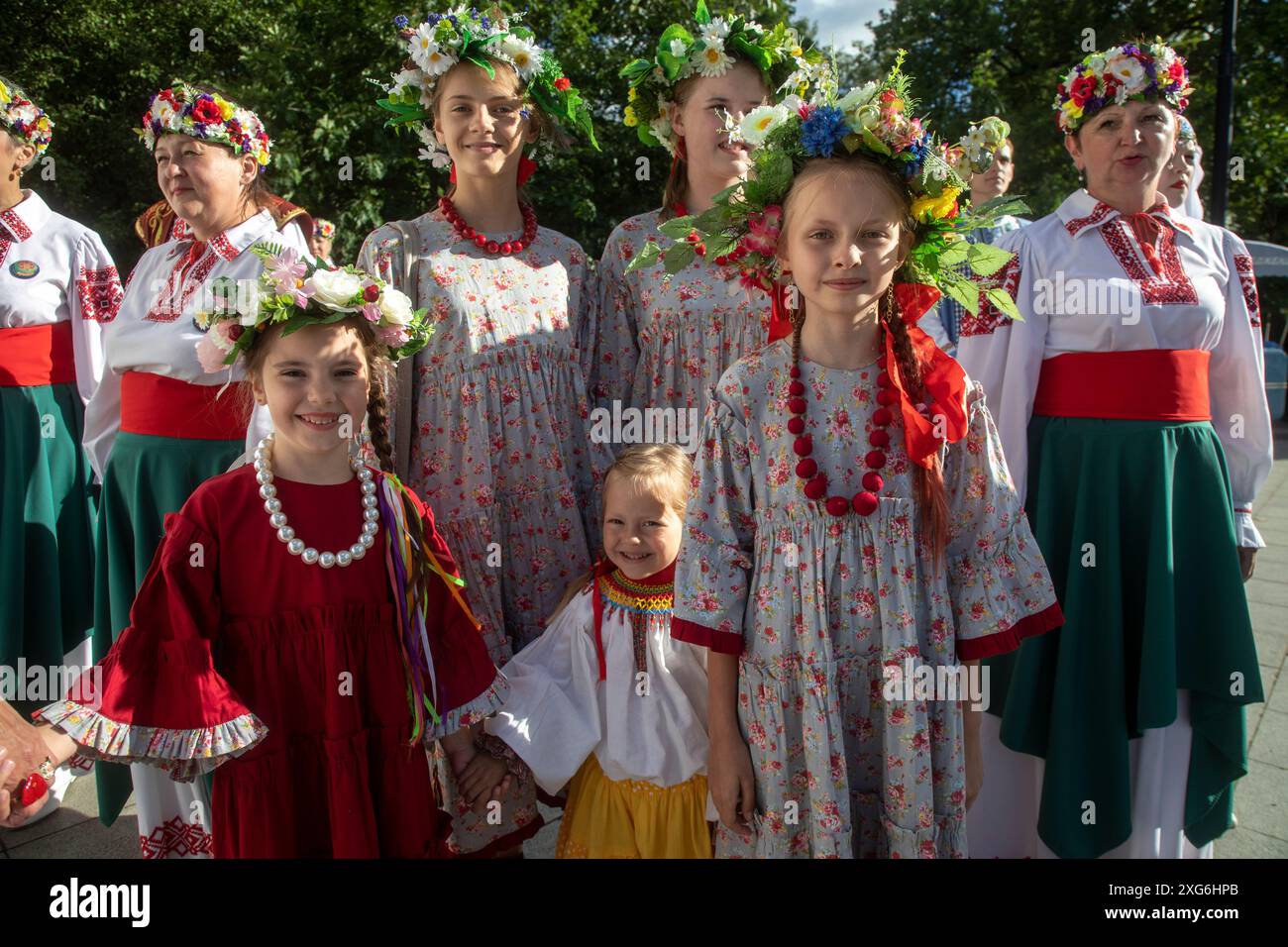 Moscow, Russia. 6th of July, 2024. People in traditional Belarusian ...