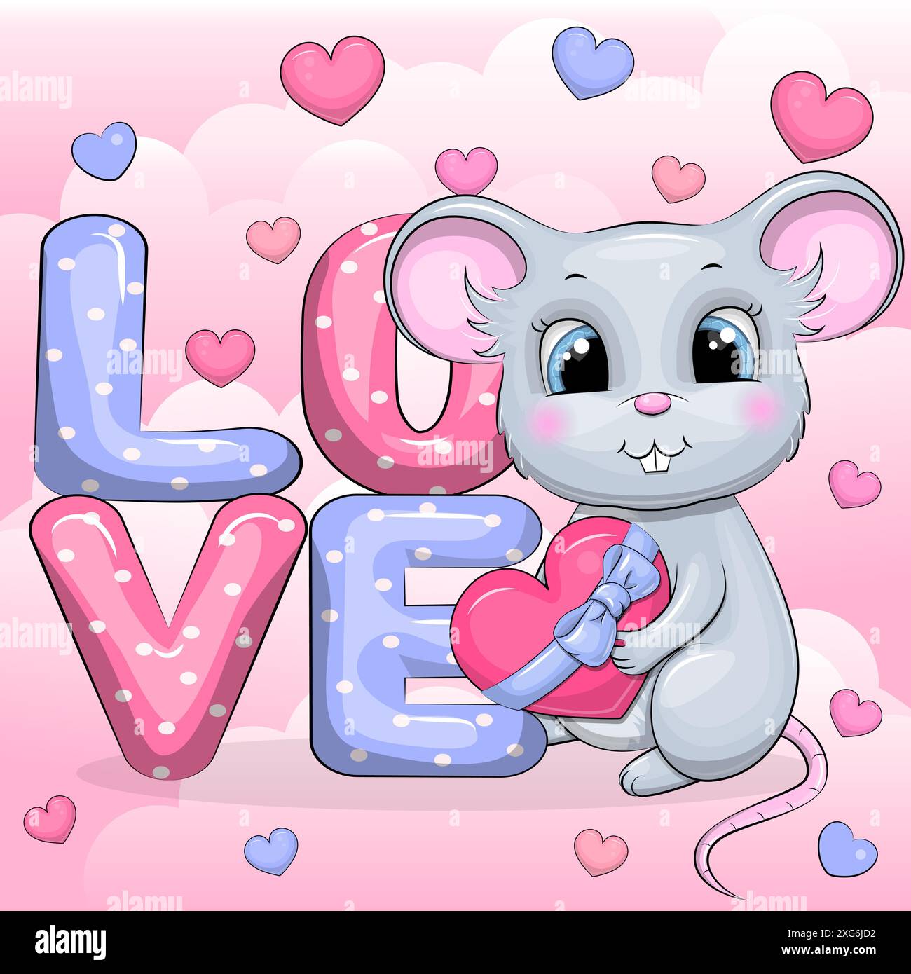 Word Love and cute cartoon mouse with heart. Vector illustration on ...