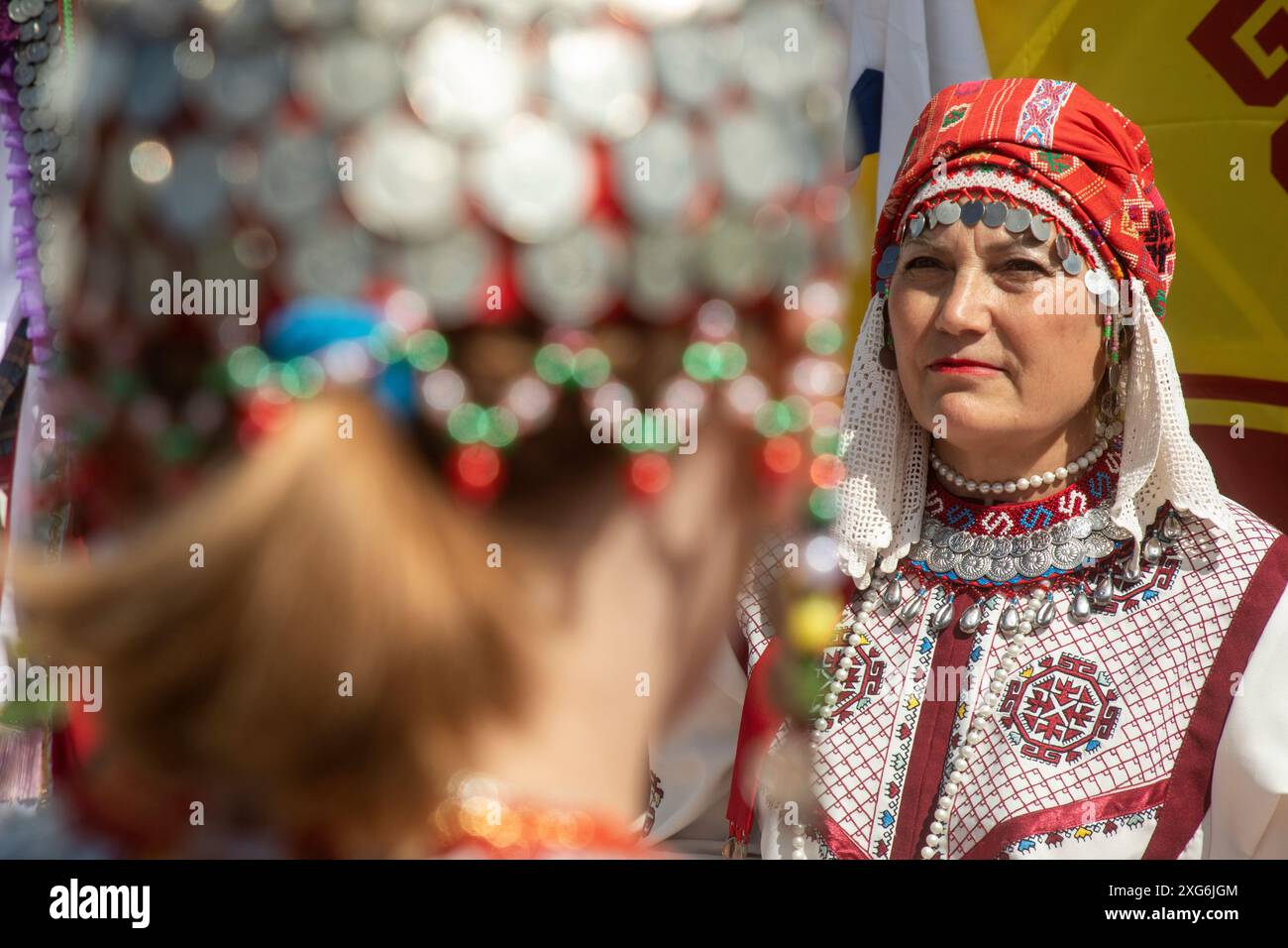 Moscow, Russia. 6th of July, 2024. Women in traditional Chuvash clothes ...