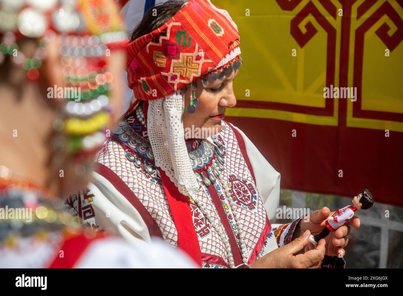 Moscow, Russia. 6th of July, 2024. Women in traditional Chuvash clothes ...