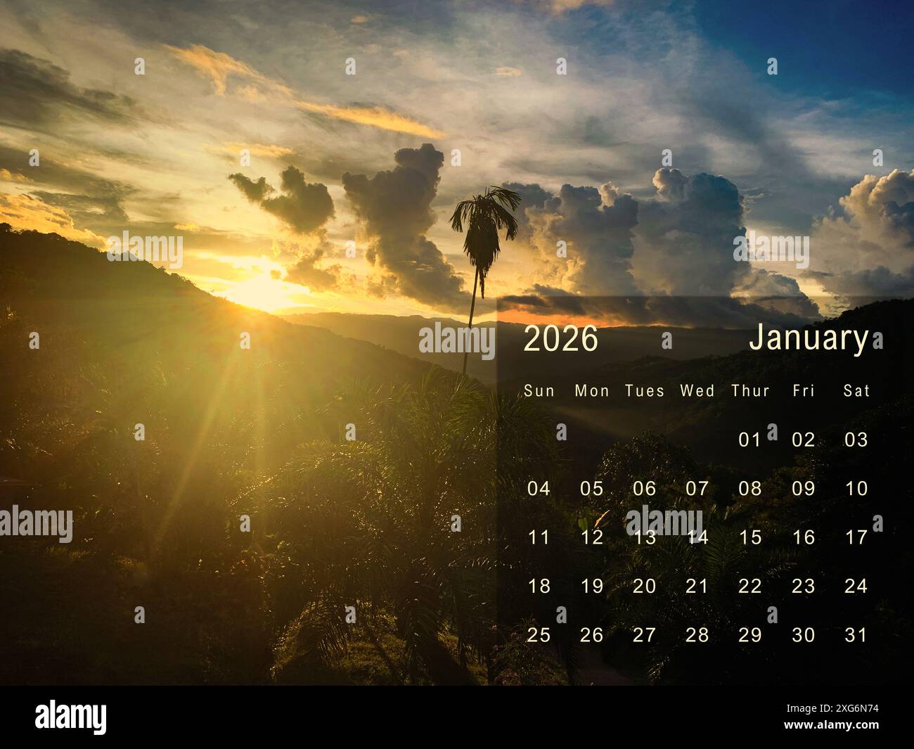 January 2026 Calendar with wonderful shining sunset view with mountain ...