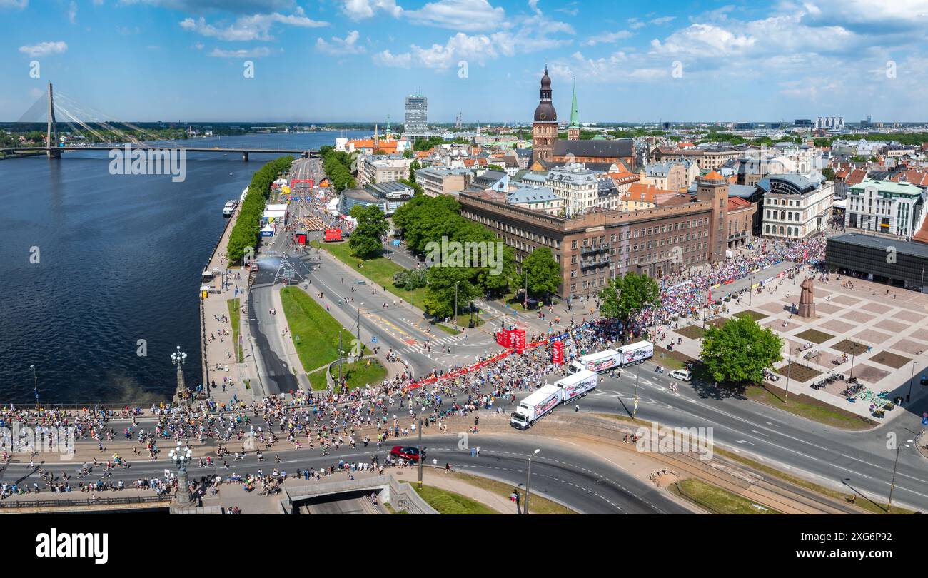Aerial View of Marathon Runners Passing Riga Town Hall and Suspension ...