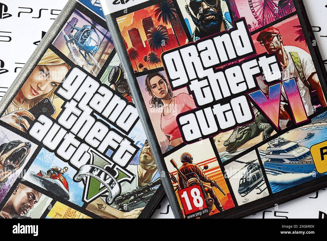 KYIV, UKRAINE - JUNE 26, 2024 Grand Theft Auto Five and Six video game ...