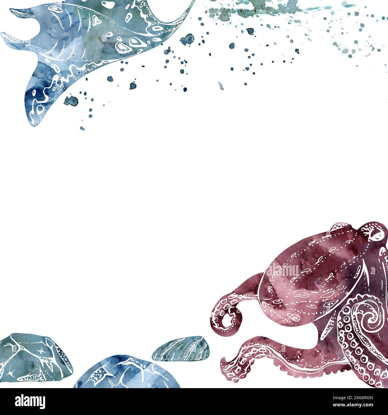 Watercolor and ink hand drawn marine life, sea ocean underwater ...