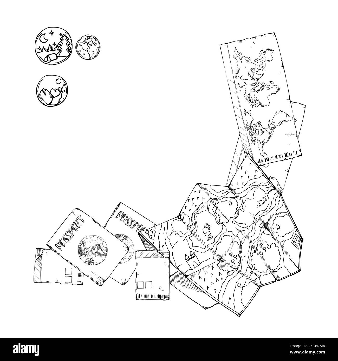 Multinational world map, passport id document, plane train ferry ticket ...
