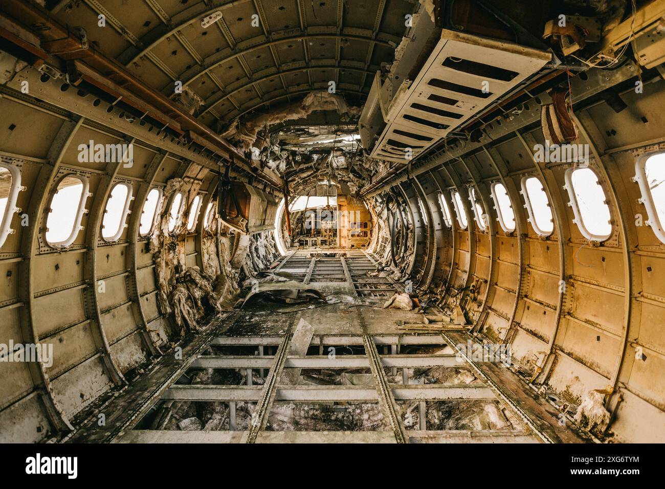 The interior of an abandoned airplane fuselage with structural damage ...