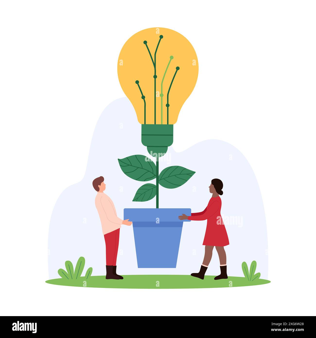 Green energy development, environmental protection. Tiny people holding growing light bulb in ...