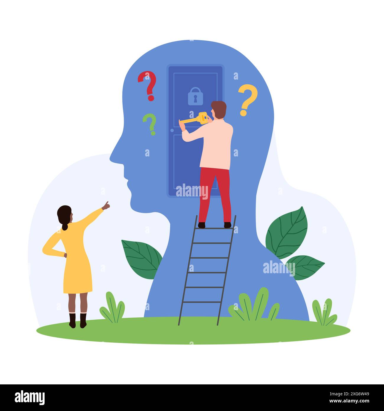 Open mind and imagination, mental health, psychotherapy. Tiny people ...