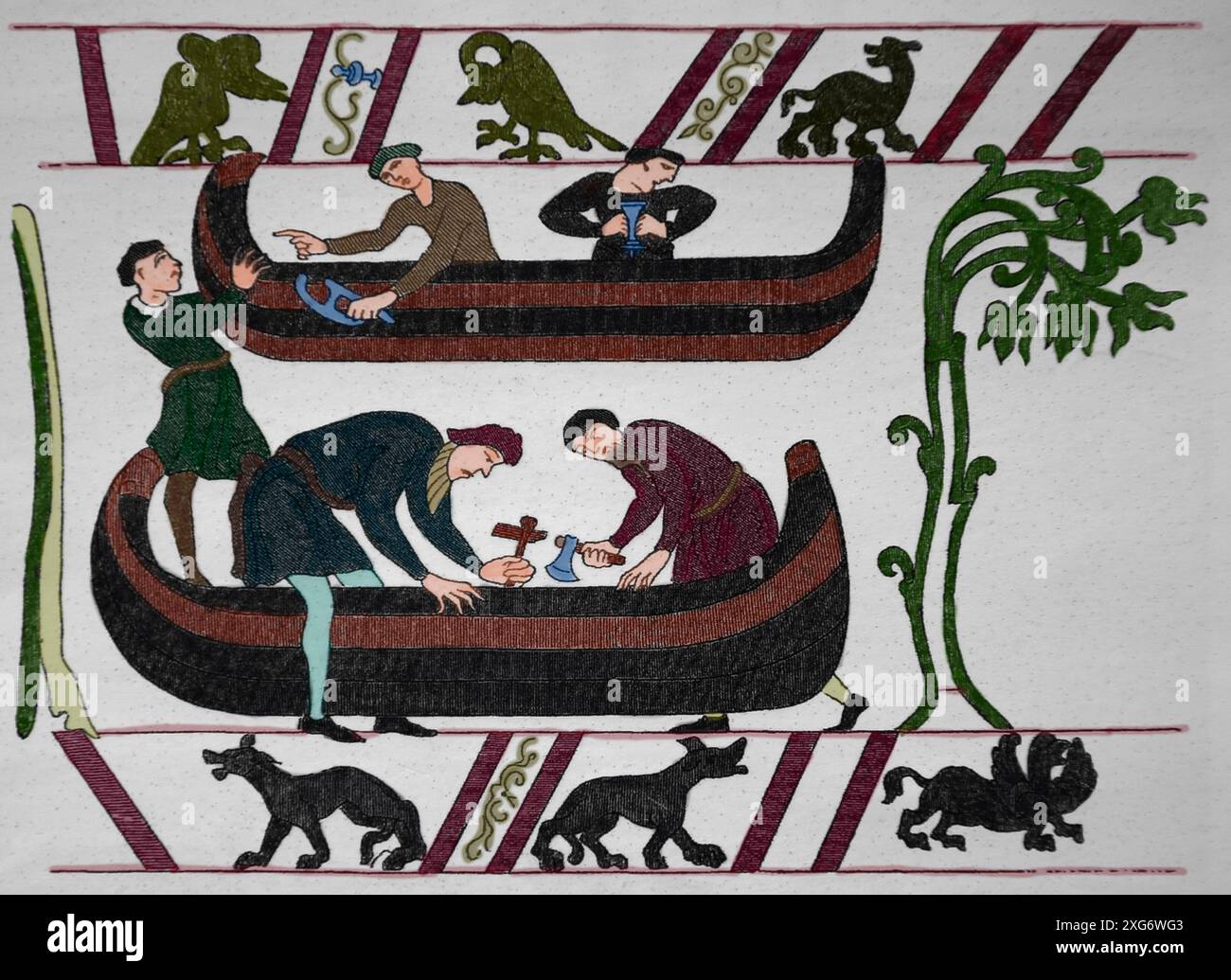 Engraving of Bayeux tapestry. Duke Wiliam of Normandy orders building ...